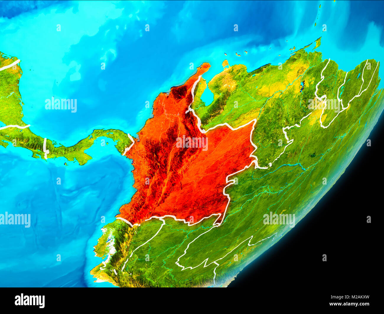 Map of Colombia in red as seen from space on planet Earth with white ...
