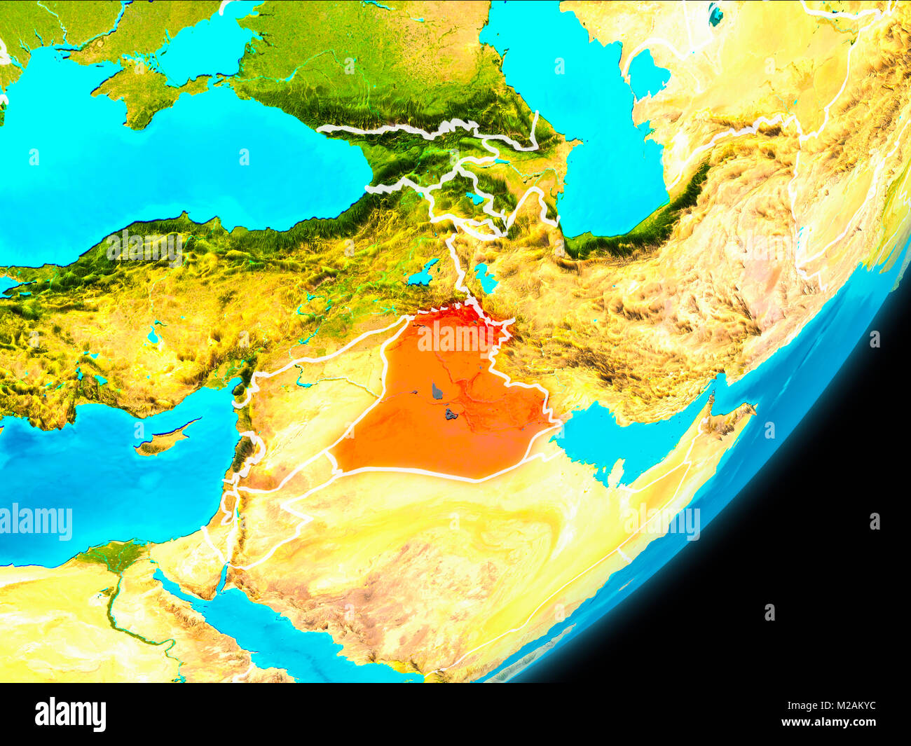 Map of Iraq in red as seen from space on planet Earth with white ...