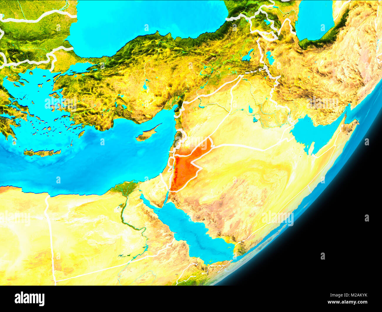 Map of Jordan in red as seen from space on planet Earth with white ...