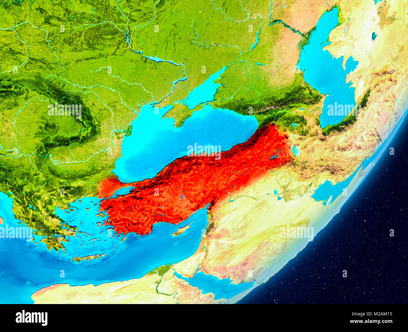 Map of Turkey as seen from space on planet Earth. 3D illustration ...