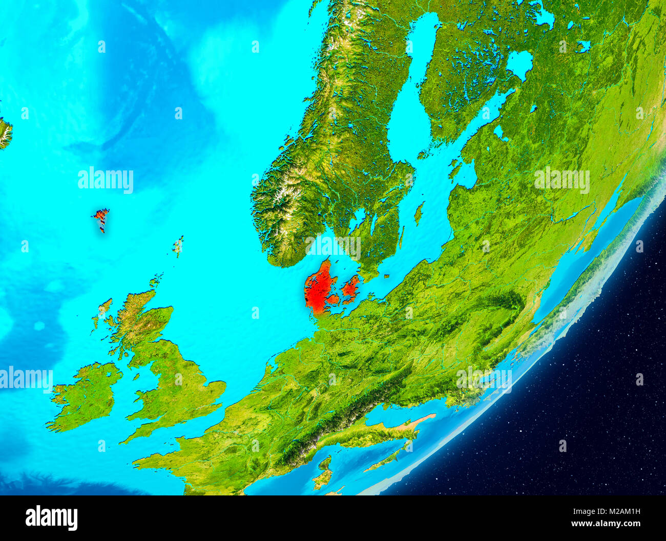 Map of Denmark as seen from space on planet Earth. 3D illustration ...