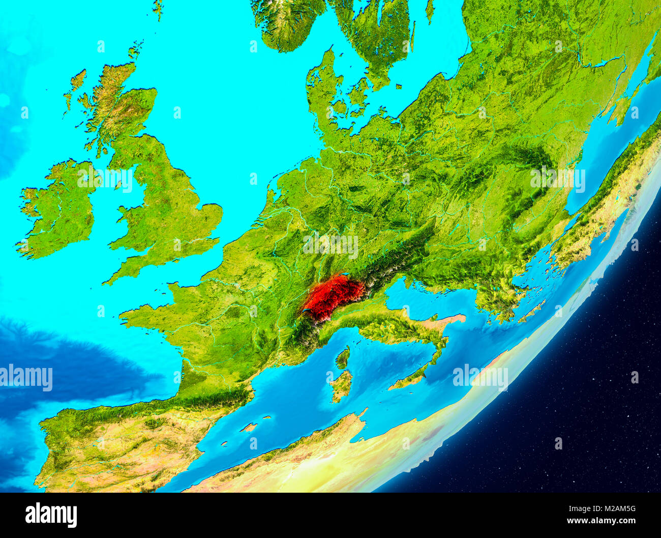 Map of Switzerland as seen from space on planet Earth. 3D illustration ...