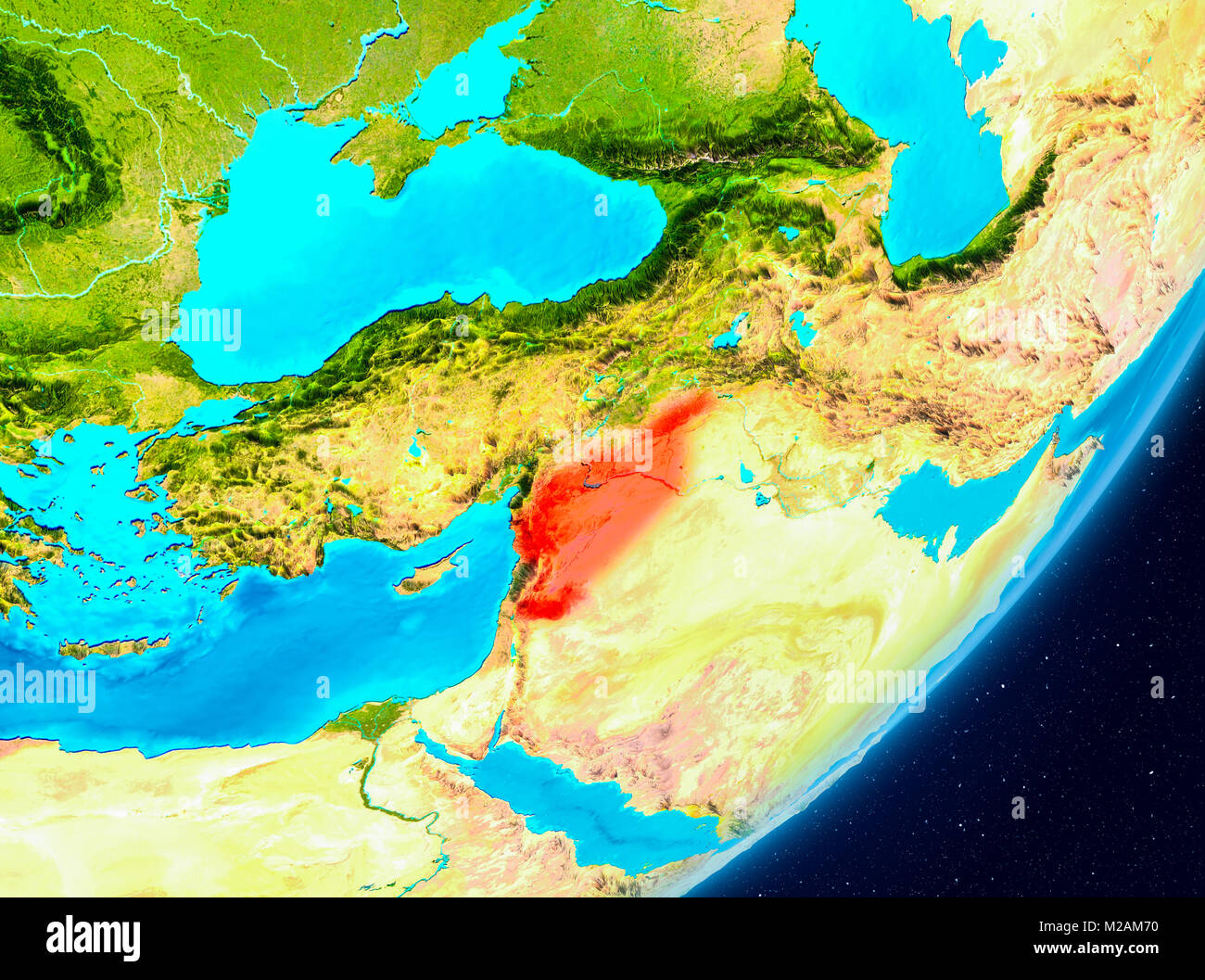 Map of Syria as seen from space on planet Earth. 3D illustration ...