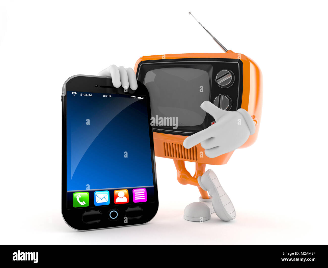 Retro TV character with smart phone isolated on white background Stock ...