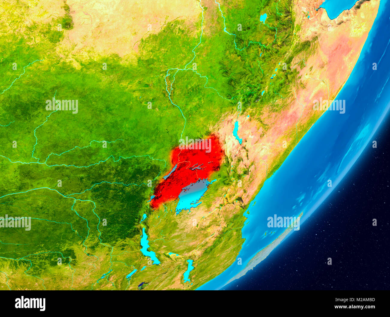 Map of Uganda as seen from space on planet Earth. 3D illustration ...