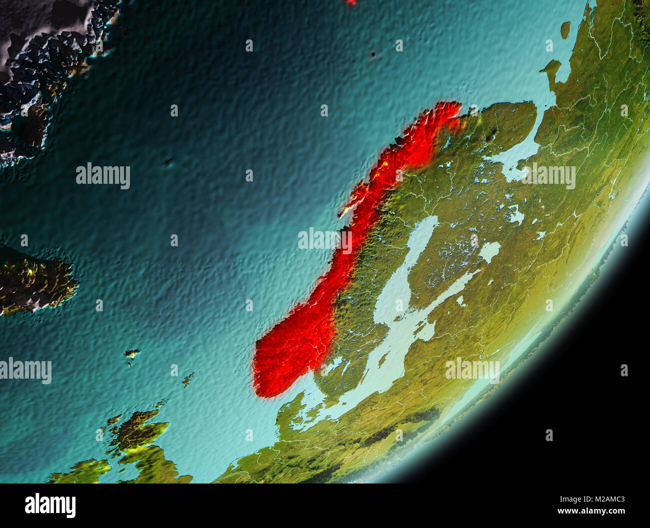 Norway in the morning highlighted in red on planet Earth. 3D ...