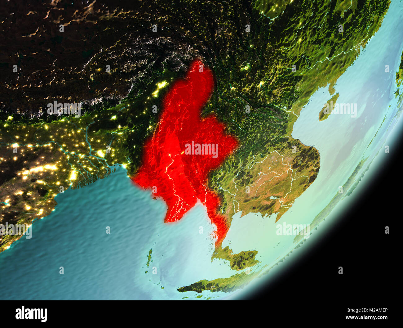 Myanmar in the morning highlighted in red on planet Earth. 3D ...