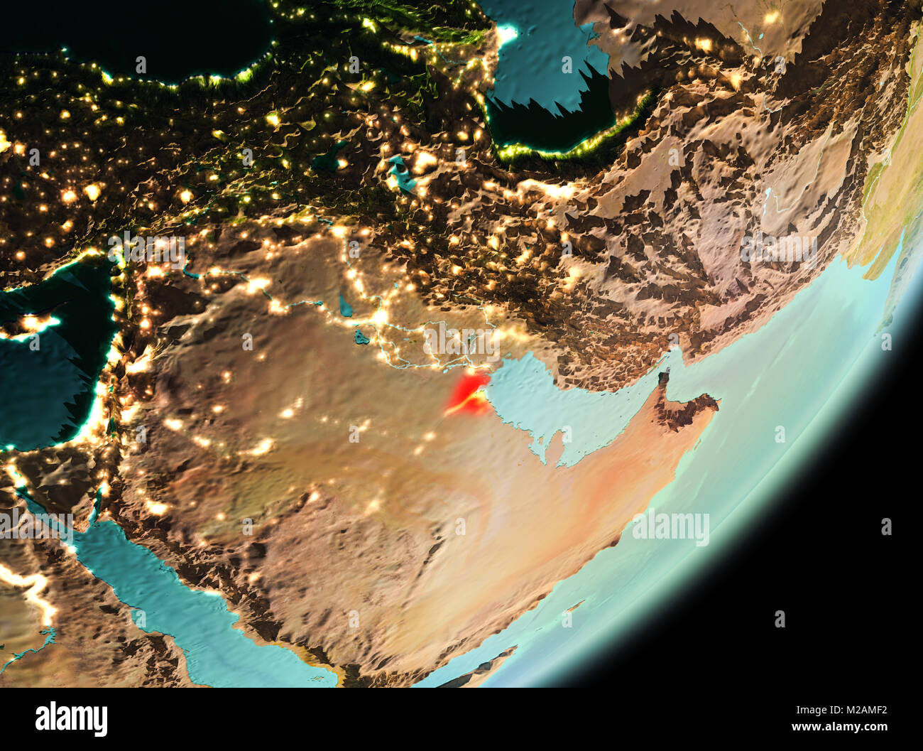 Kuwait in the morning highlighted in red on planet Earth. 3D ...