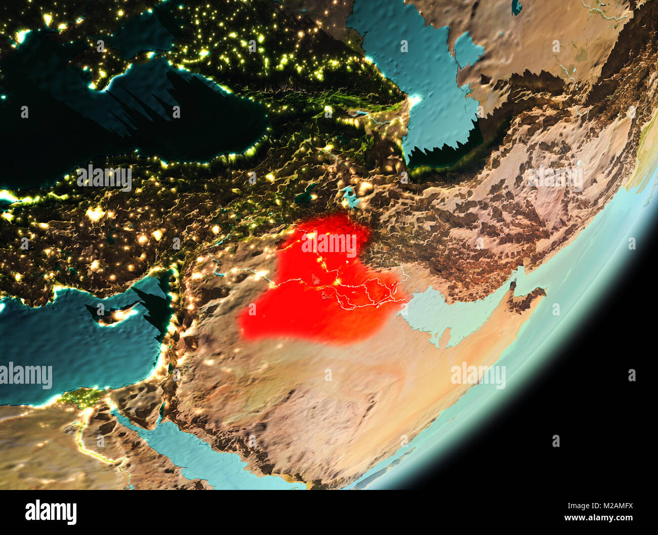 Iraq in the morning highlighted in red on planet Earth. 3D illustration ...