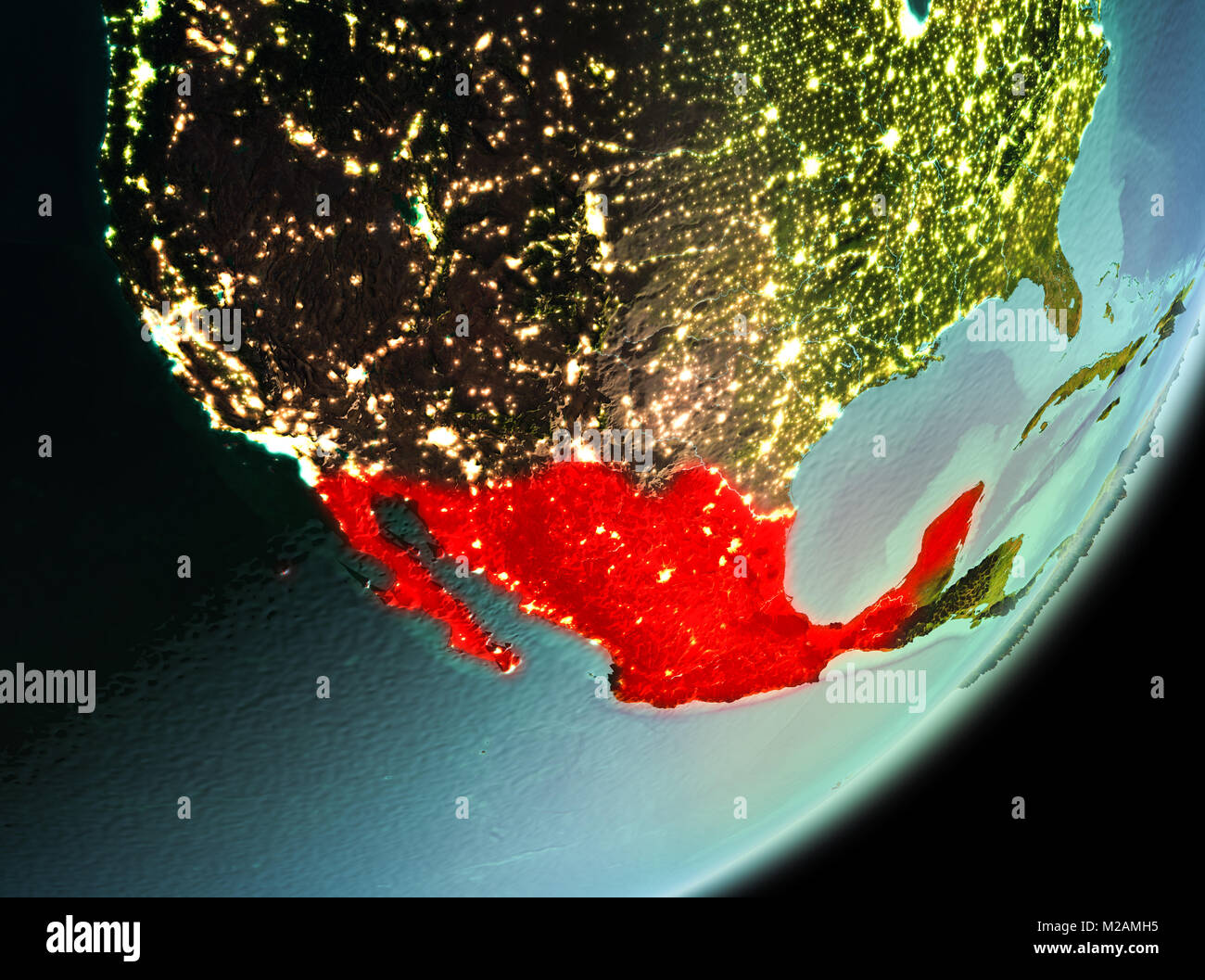 Mexico in the morning highlighted in red on planet Earth. 3D ...