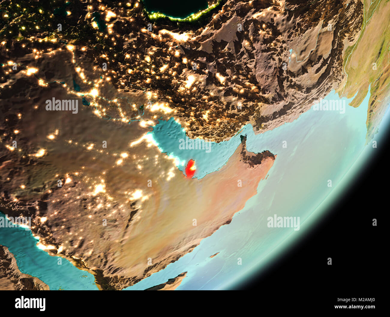 Qatar in the morning highlighted in red on planet Earth. 3D ...