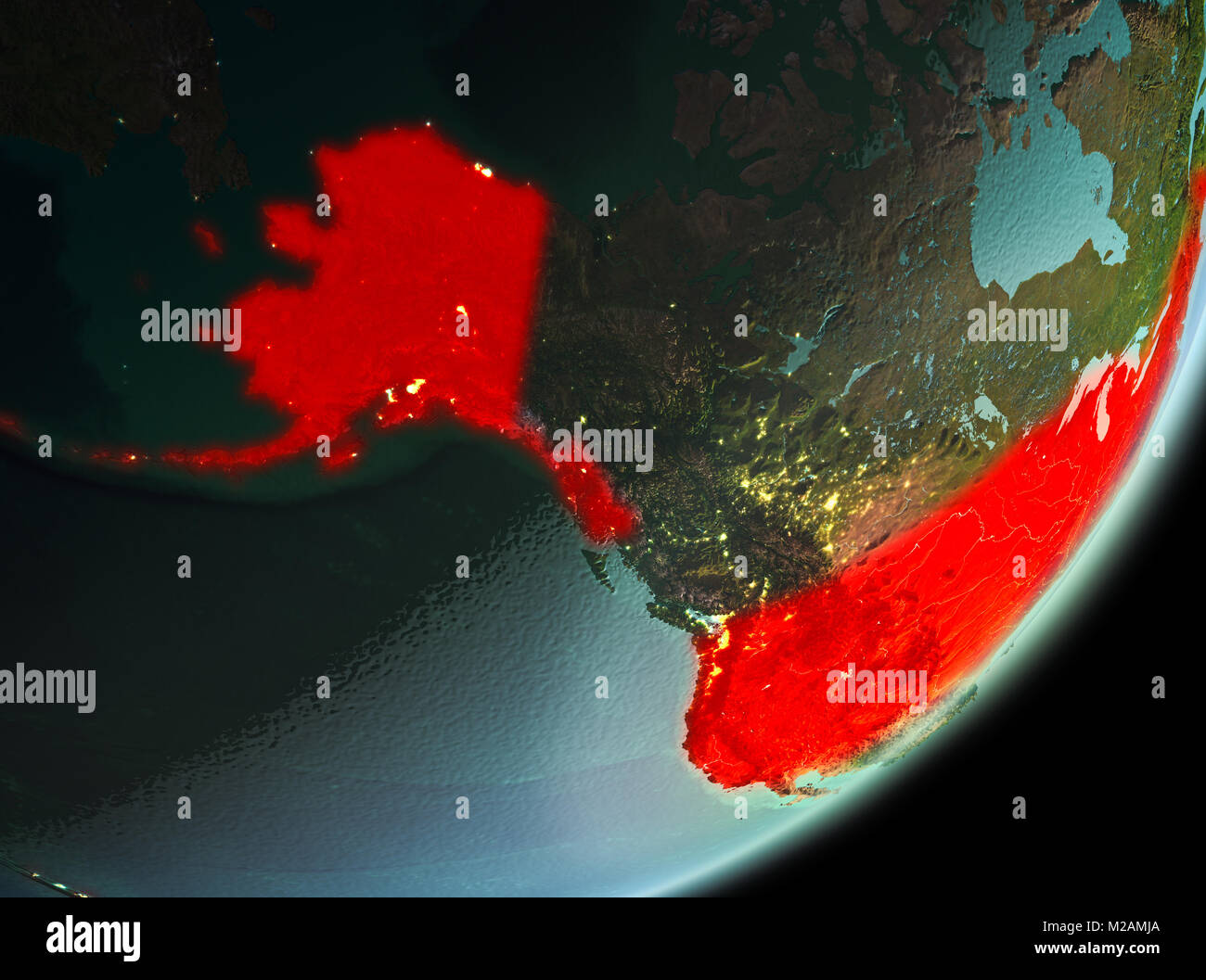 USA in the morning highlighted in red on planet Earth. 3D illustration ...