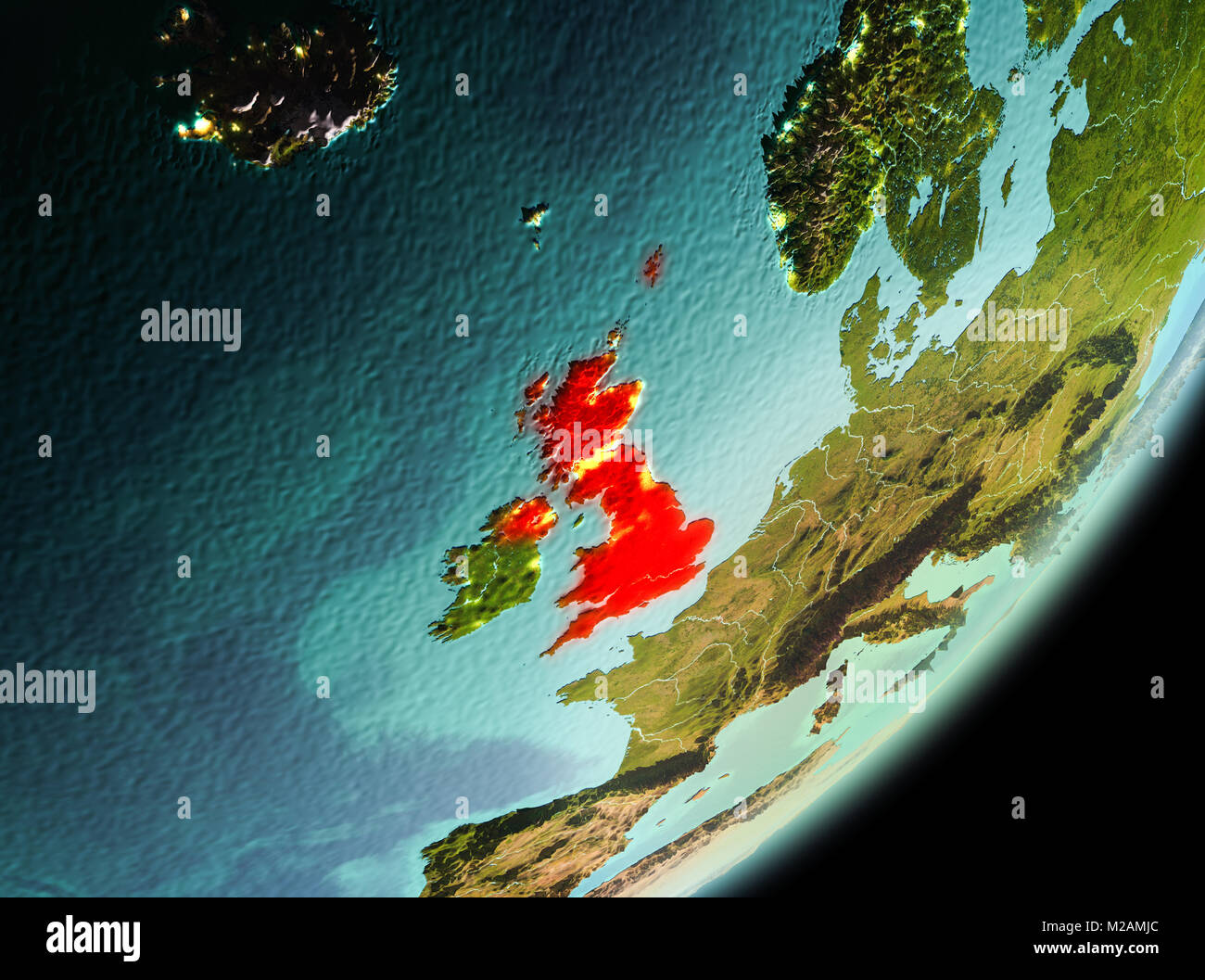 United Kingdom in the morning highlighted in red on planet Earth. 3D ...