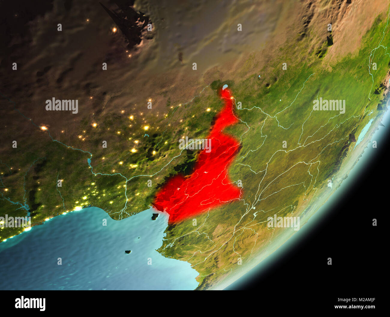 Cameroon in the morning highlighted in red on planet Earth. 3D ...