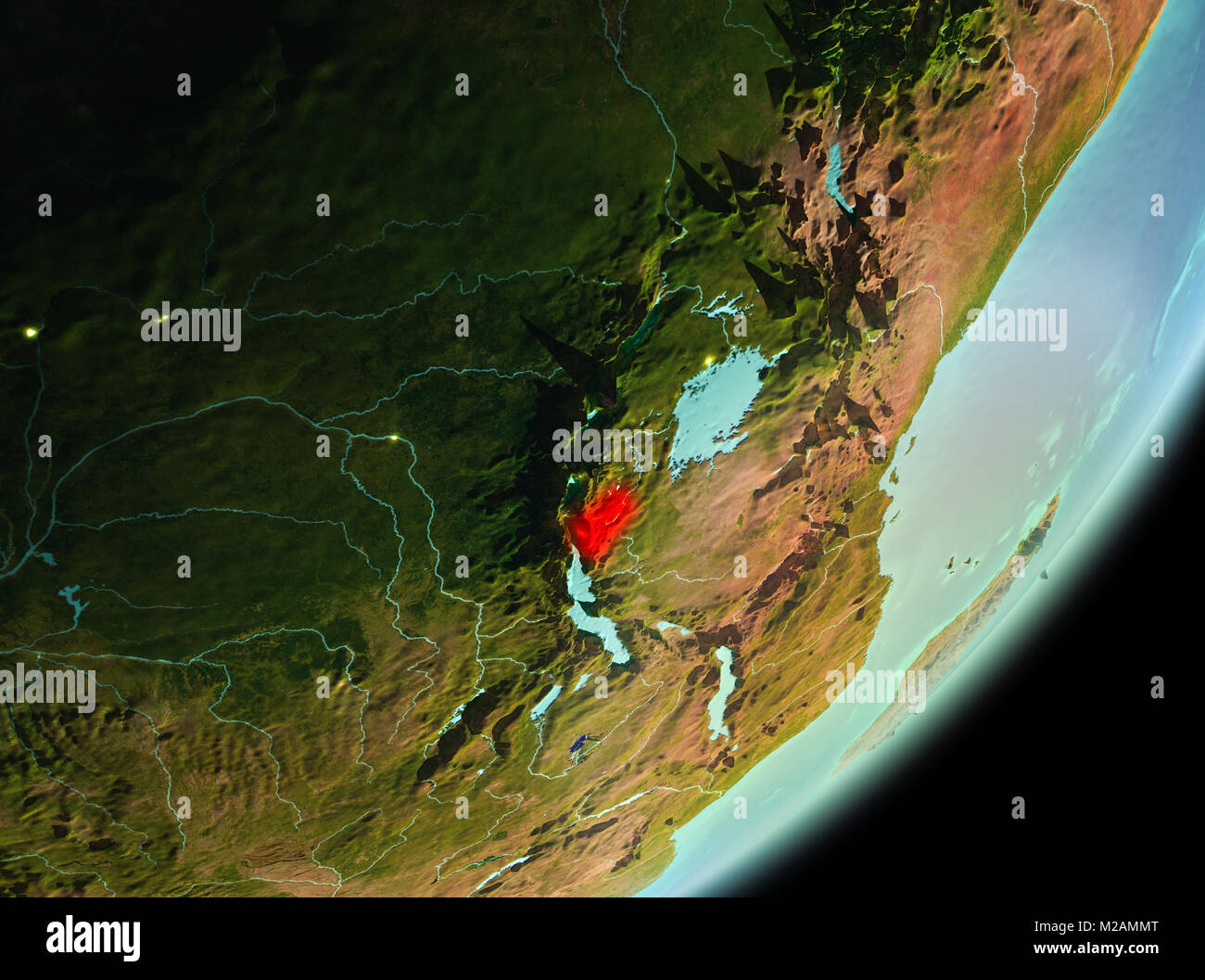 Burundi in the morning highlighted in red on planet Earth. 3D illustration. Elements of this ...