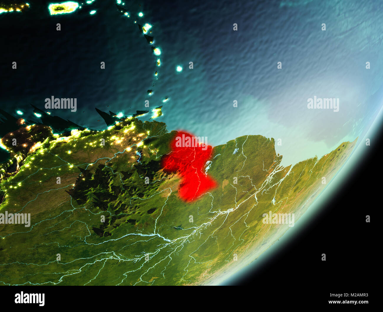 Guyana in the morning highlighted in red on planet Earth. 3D illustration. Elements of this ...