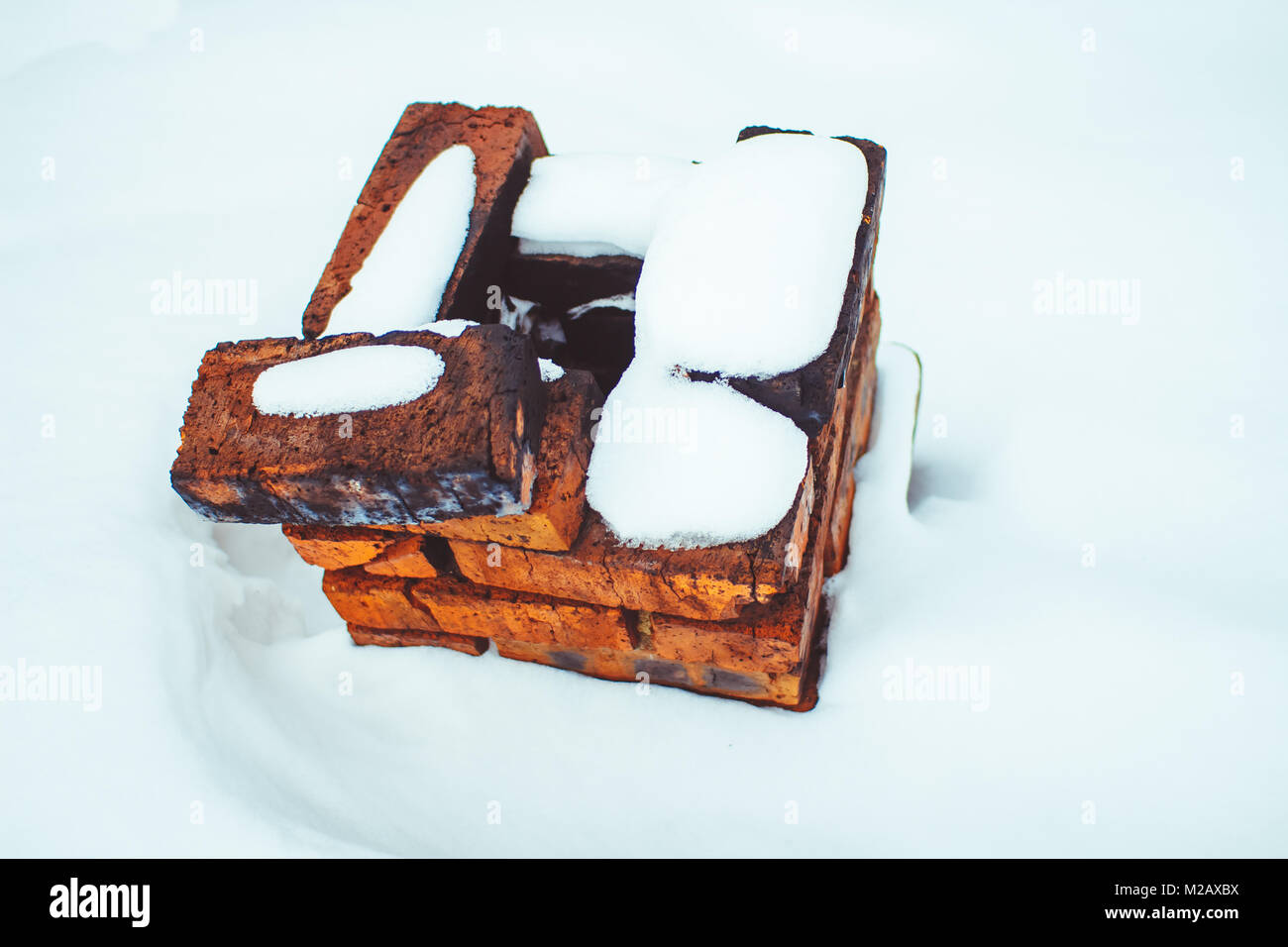 Chimney in red bricks with white snow on roof Stock Photo - Alamy