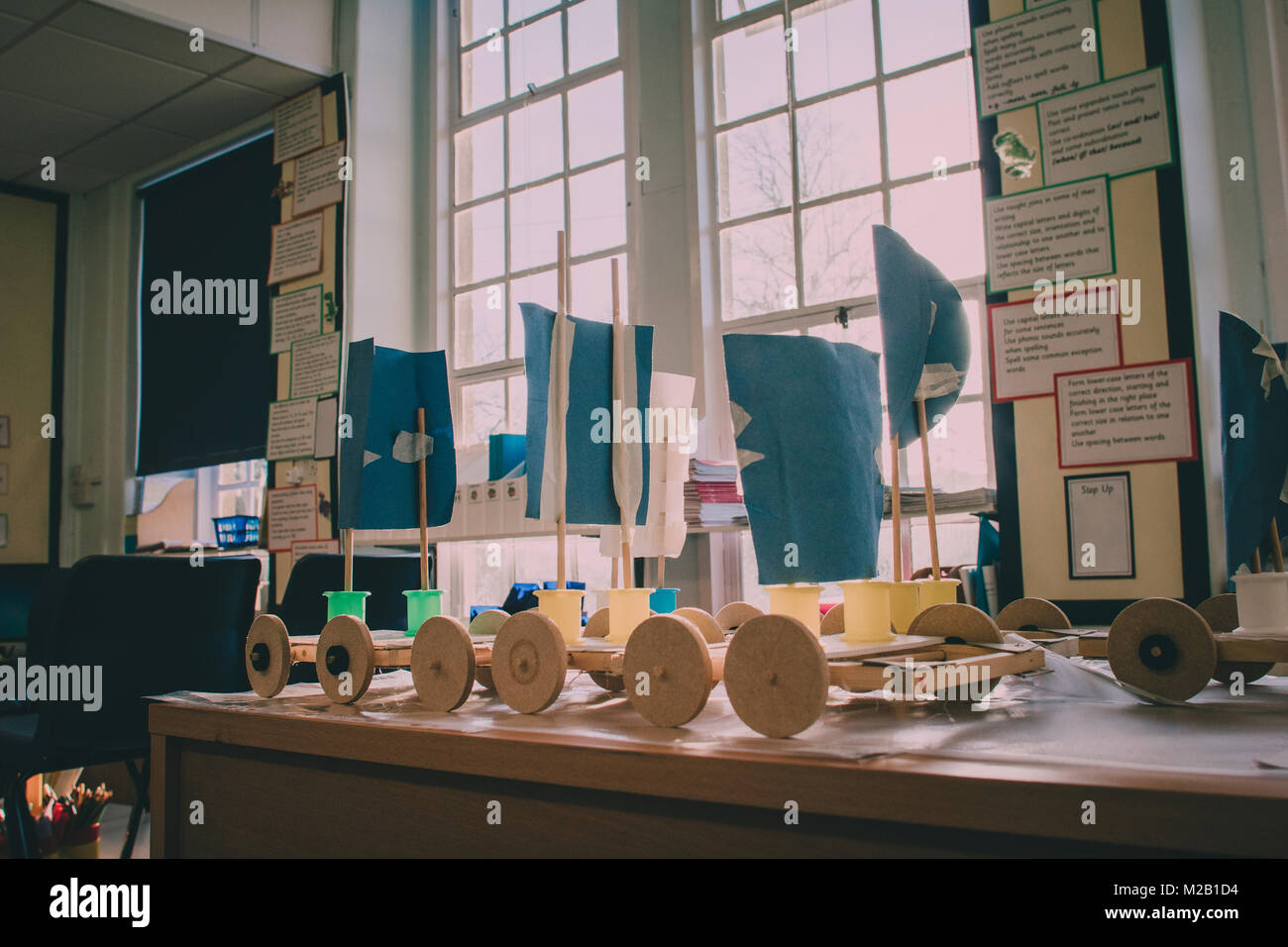 Primary school physics projects are on display in a classroom Stock ...