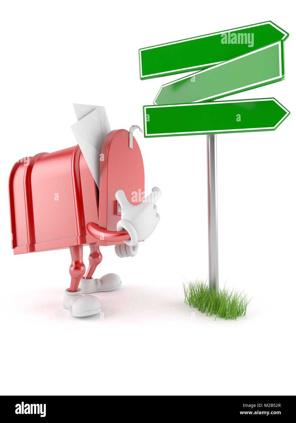 Mailbox character with blank road sign isolated on white background ...