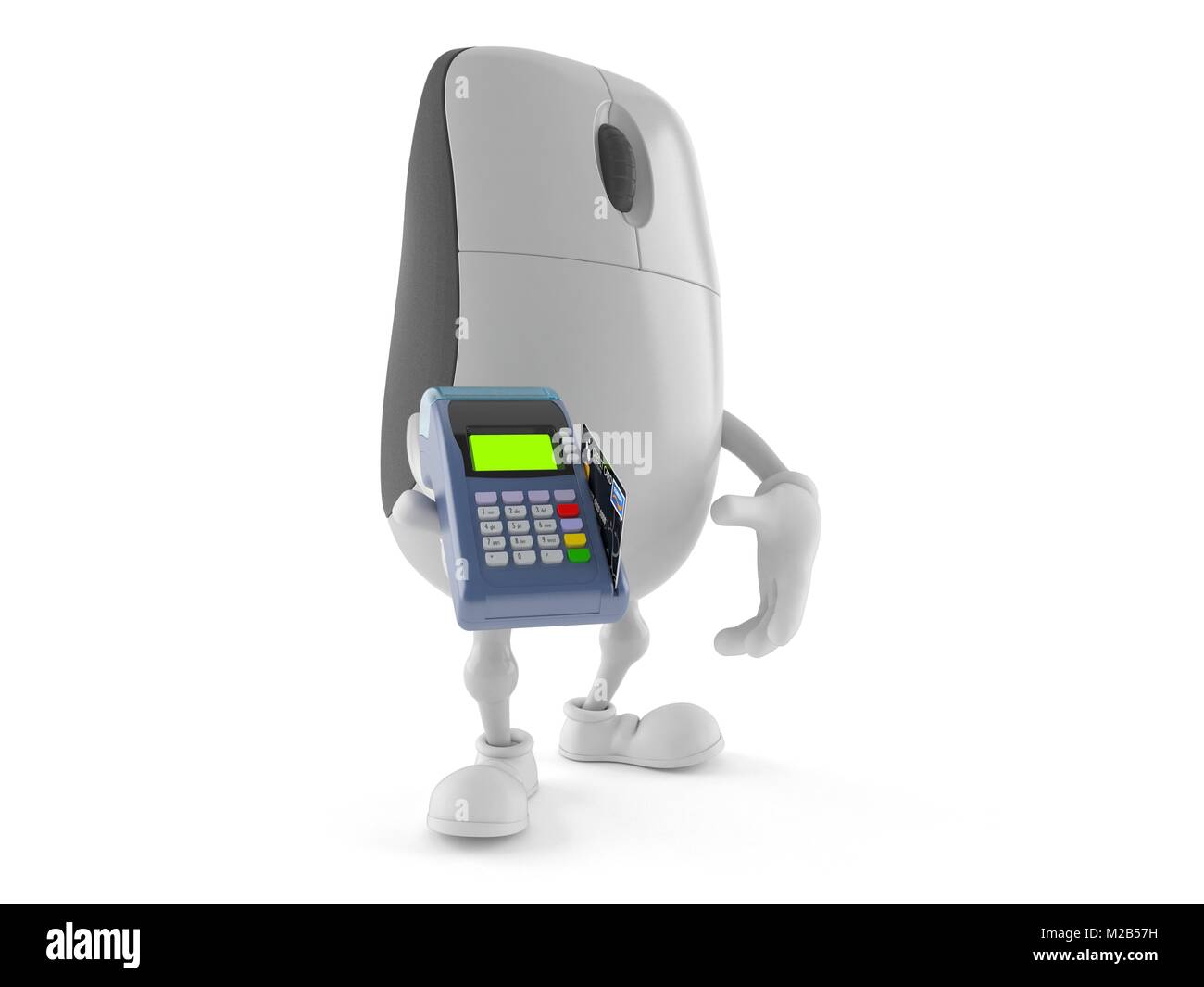 Computer mouse character holding credit card reader isolated on white ...