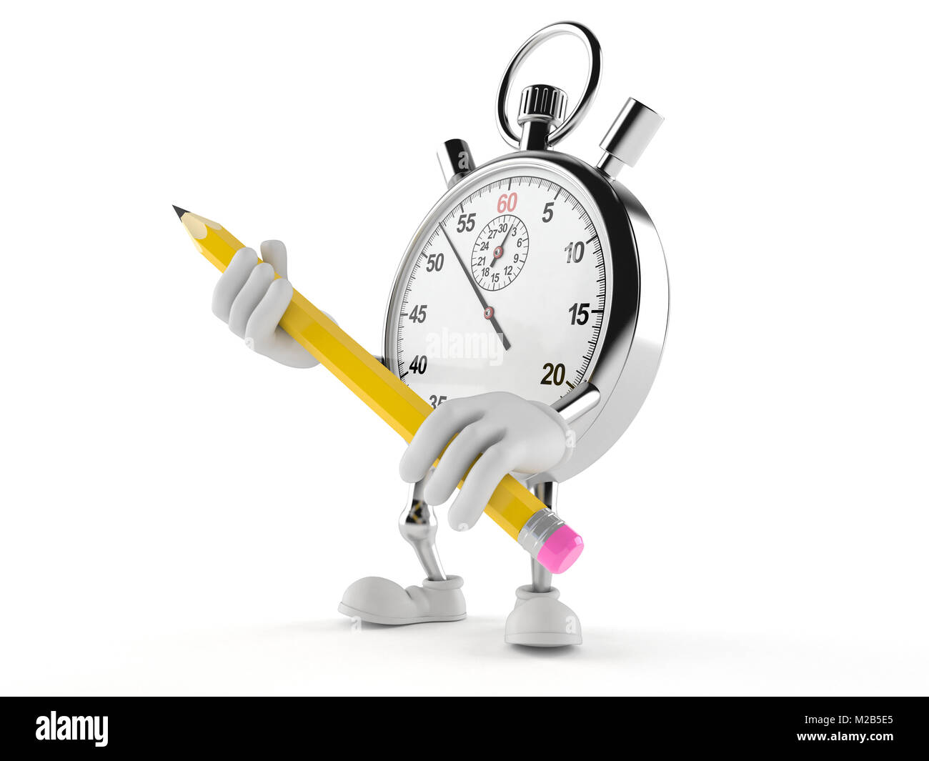 Stopwatch character holding pencil isolated on white background Stock ...