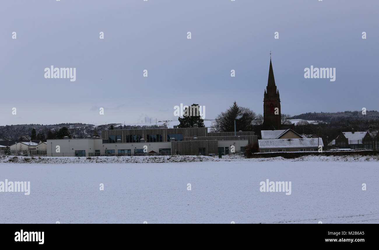 Exterior of Invergowrie Primary School in winter Scotland January 2018 ...
