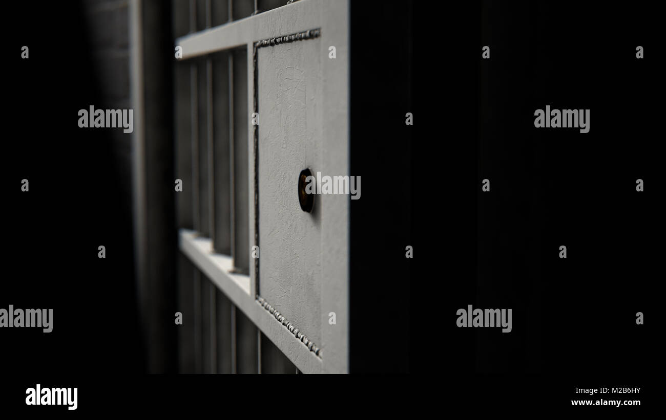 A closeup of the locking mechanism of a closed jail cell with welded ...