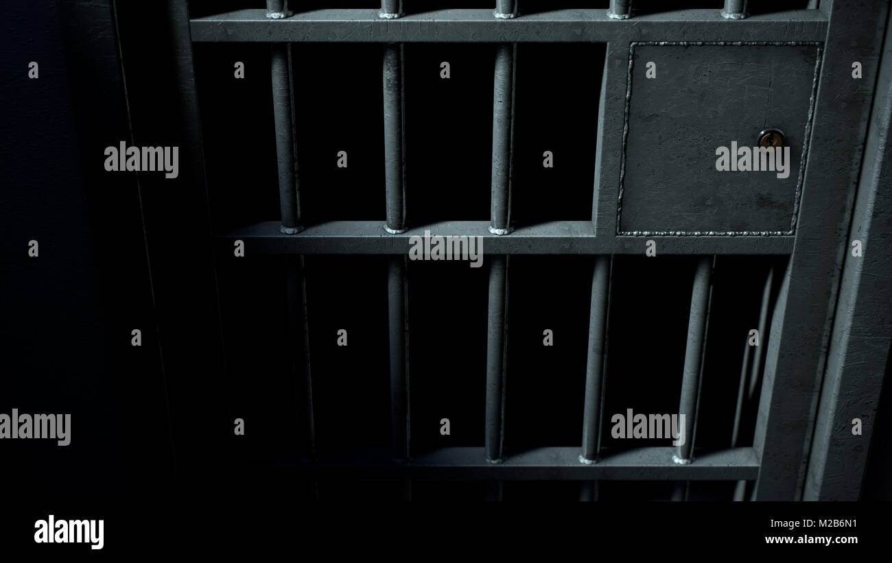 A closeup of the locking mechanism of a closed jail cell with welded ...