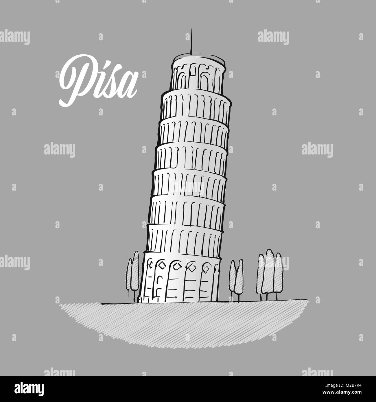 Pisa Tower Sketch, hand drawn outline illustration for print design and ...