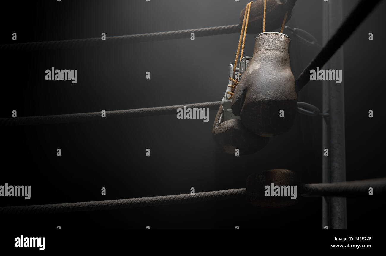 A closeup of the corner of an old vintage boxing ring surrounded by ...