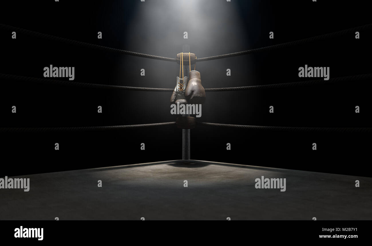 A closeup of the corner of an old vintage boxing ring surrounded by ...