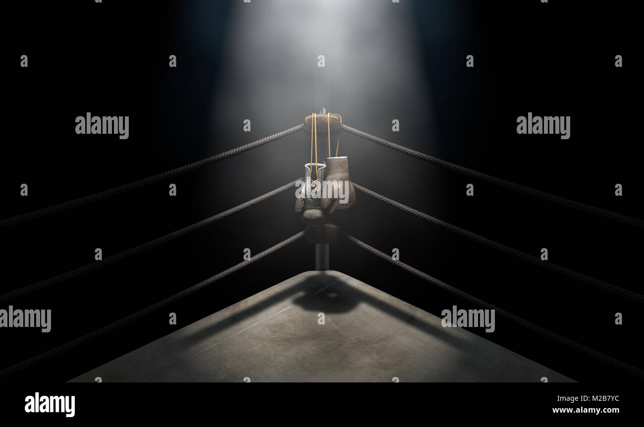 A closeup of the corner of an old vintage boxing ring surrounded by ...