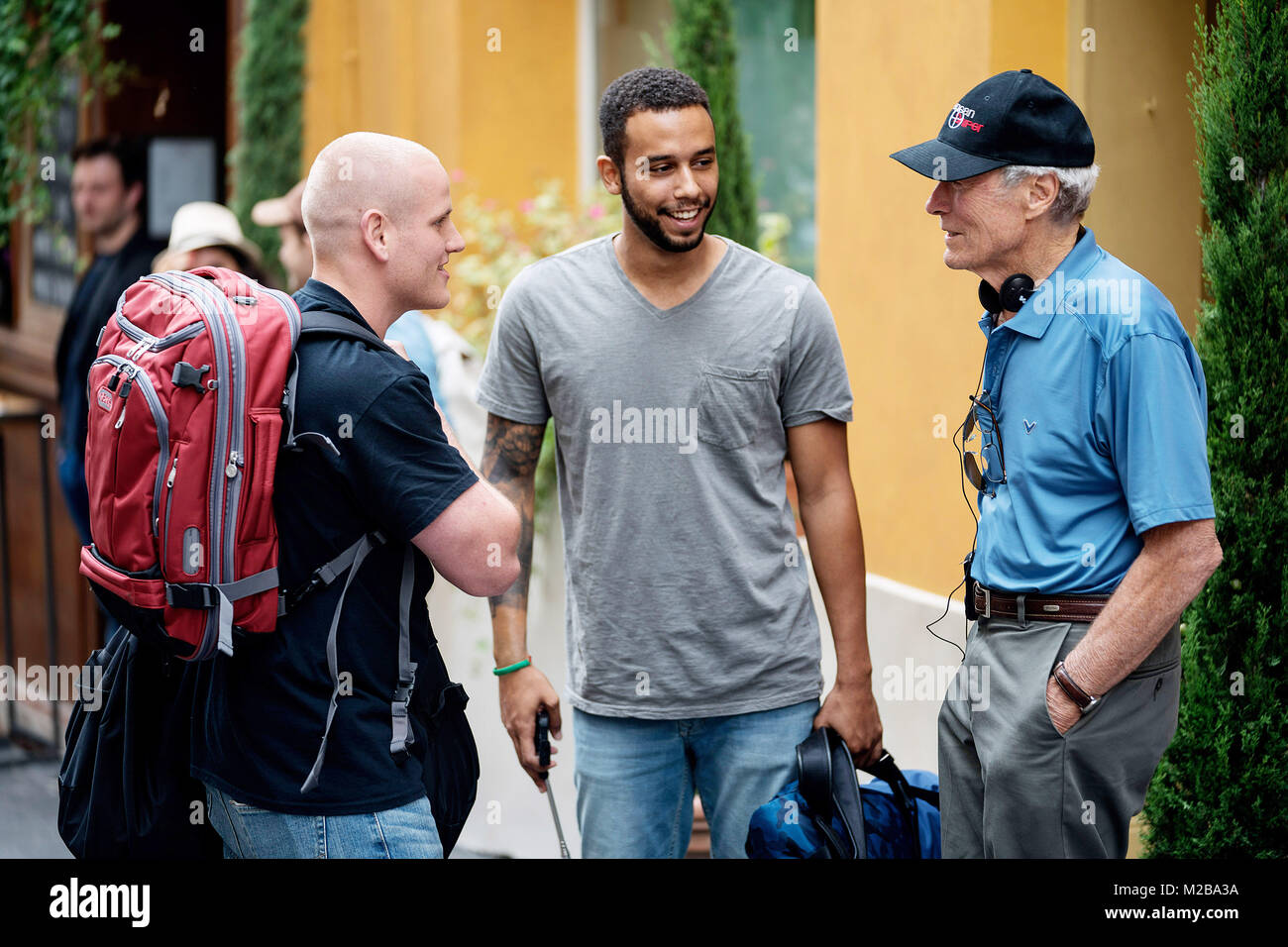 THE 15:17 TO PARIS, from left: Spencer Stone, Anthony Sadler, director ...