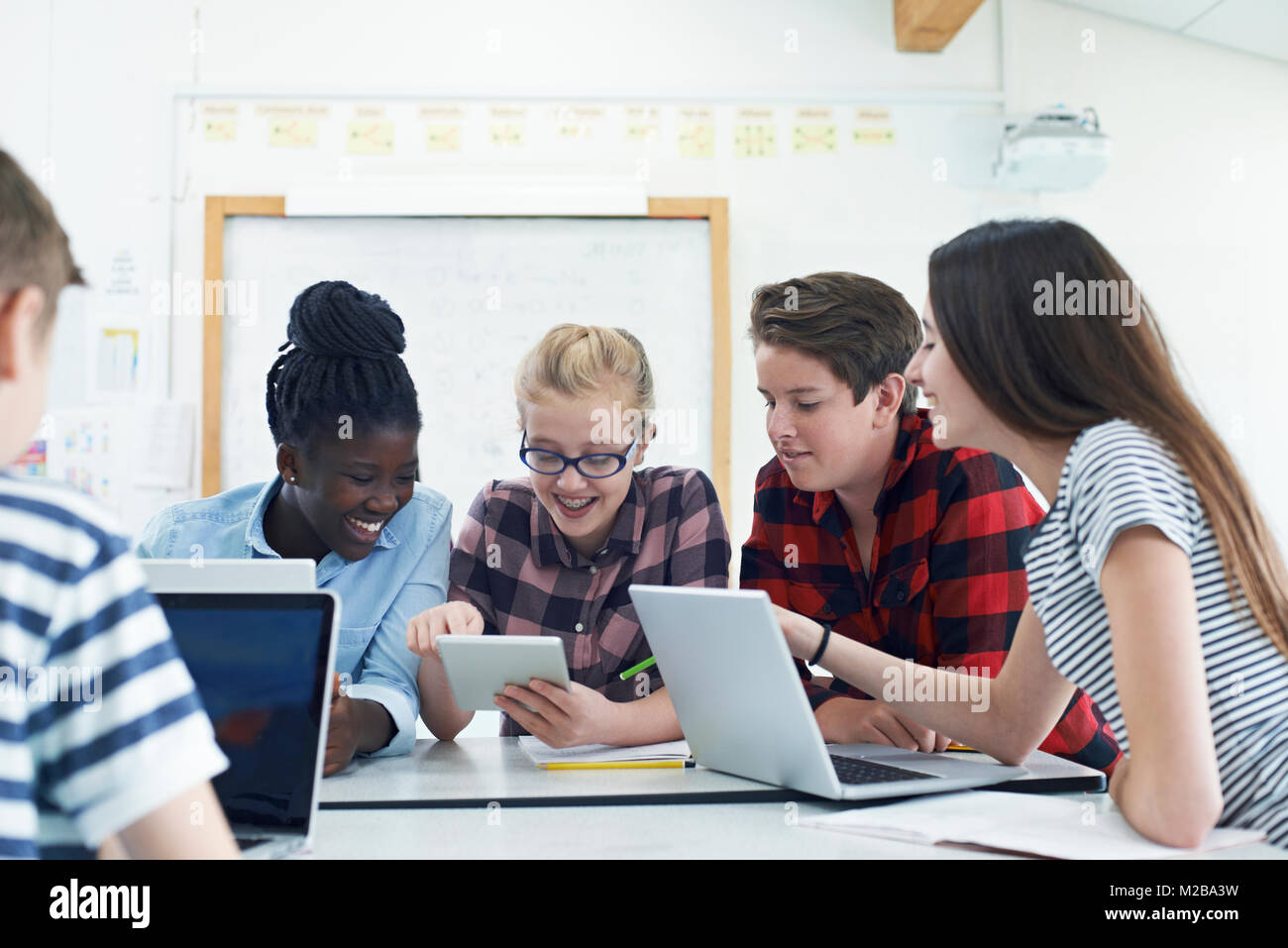 Group Of Teenage Students Collaborating On Project In IT Class Stock ...