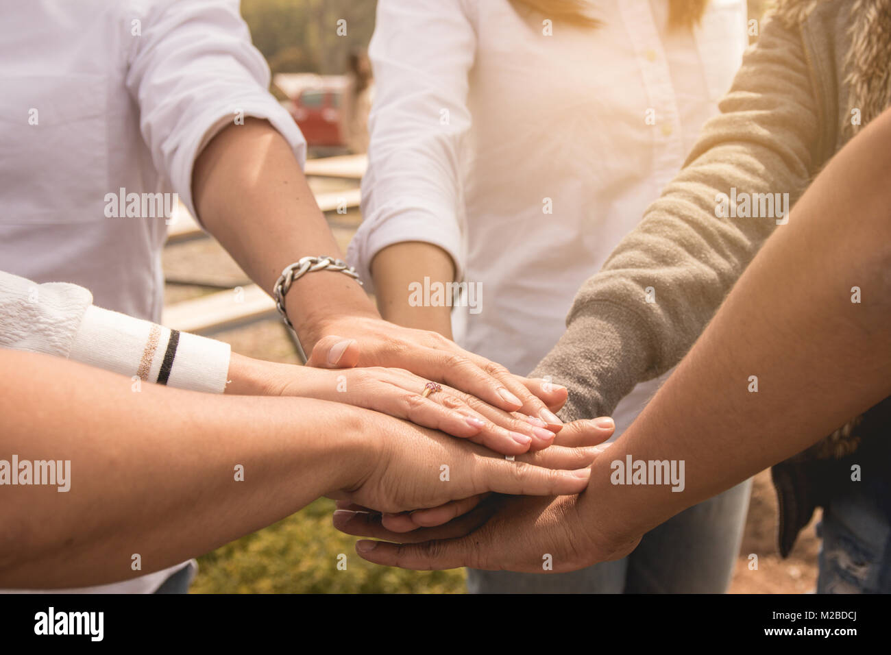 Stack of hands, team work to success concept, business copy space Stock ...