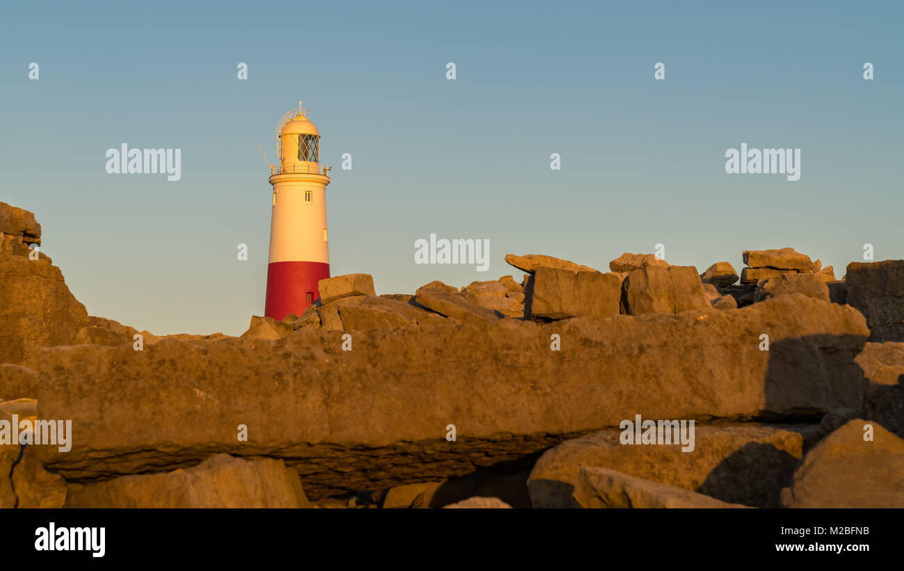 Portland Bill Lighthouse seen from the rocks near Pulpit Rock, Jurassic ...