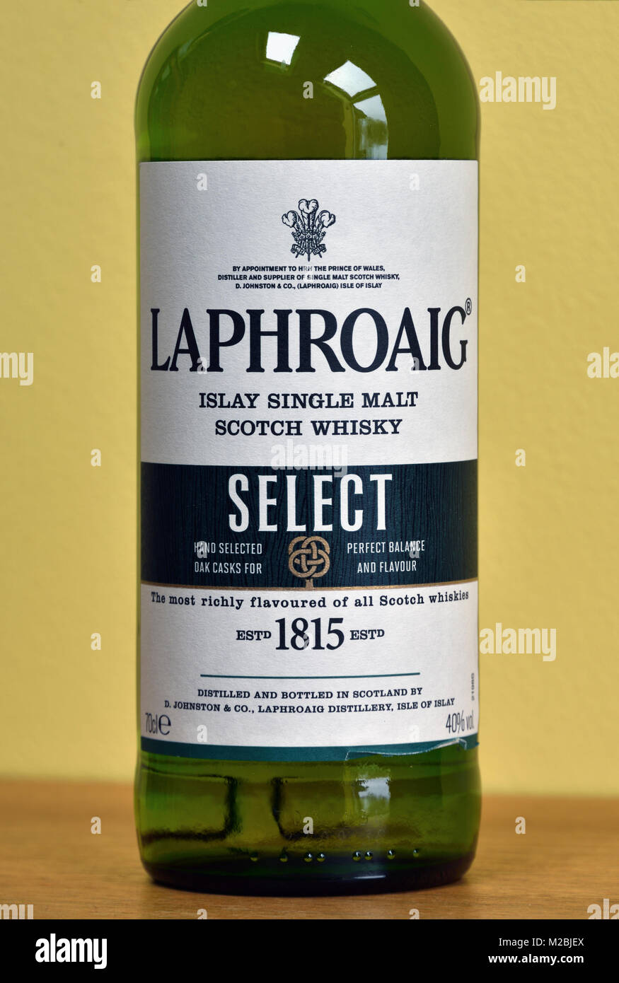 Detail of label on bottle of Laphroaig Islay single malt Scotch whisky ...