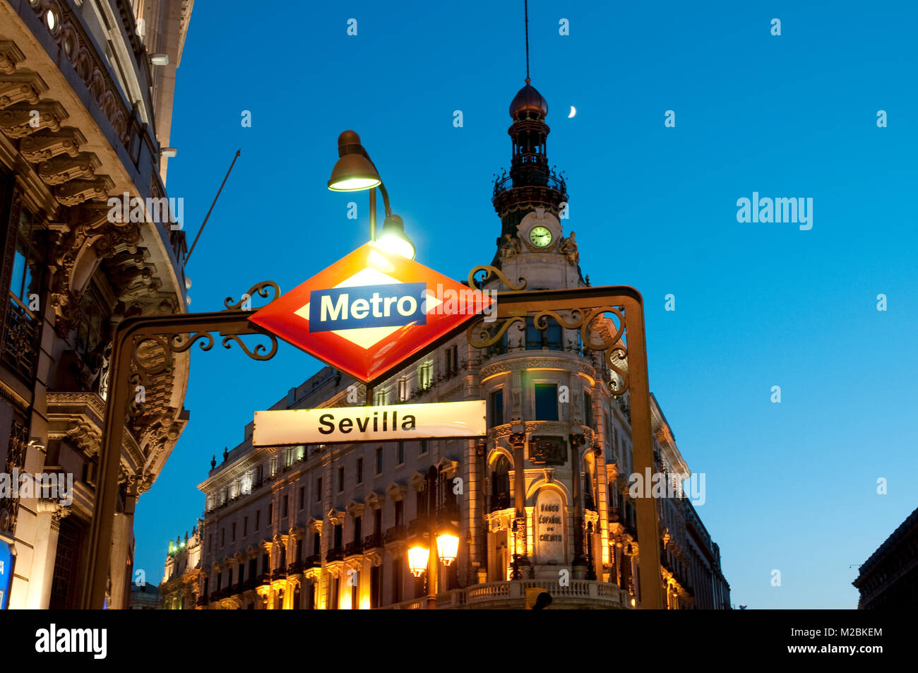 Metro Sevilla entrance, night view. Sevilla street, Madrid, Spain Stock ...