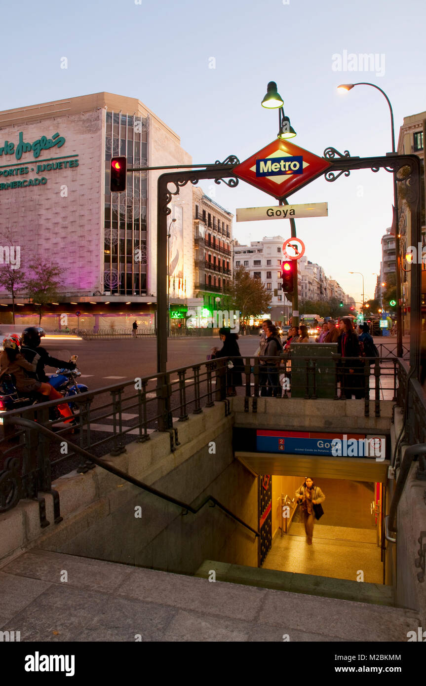 Metro Goya entrance, night view. Madrid. Spain Stock Photo - Alamy