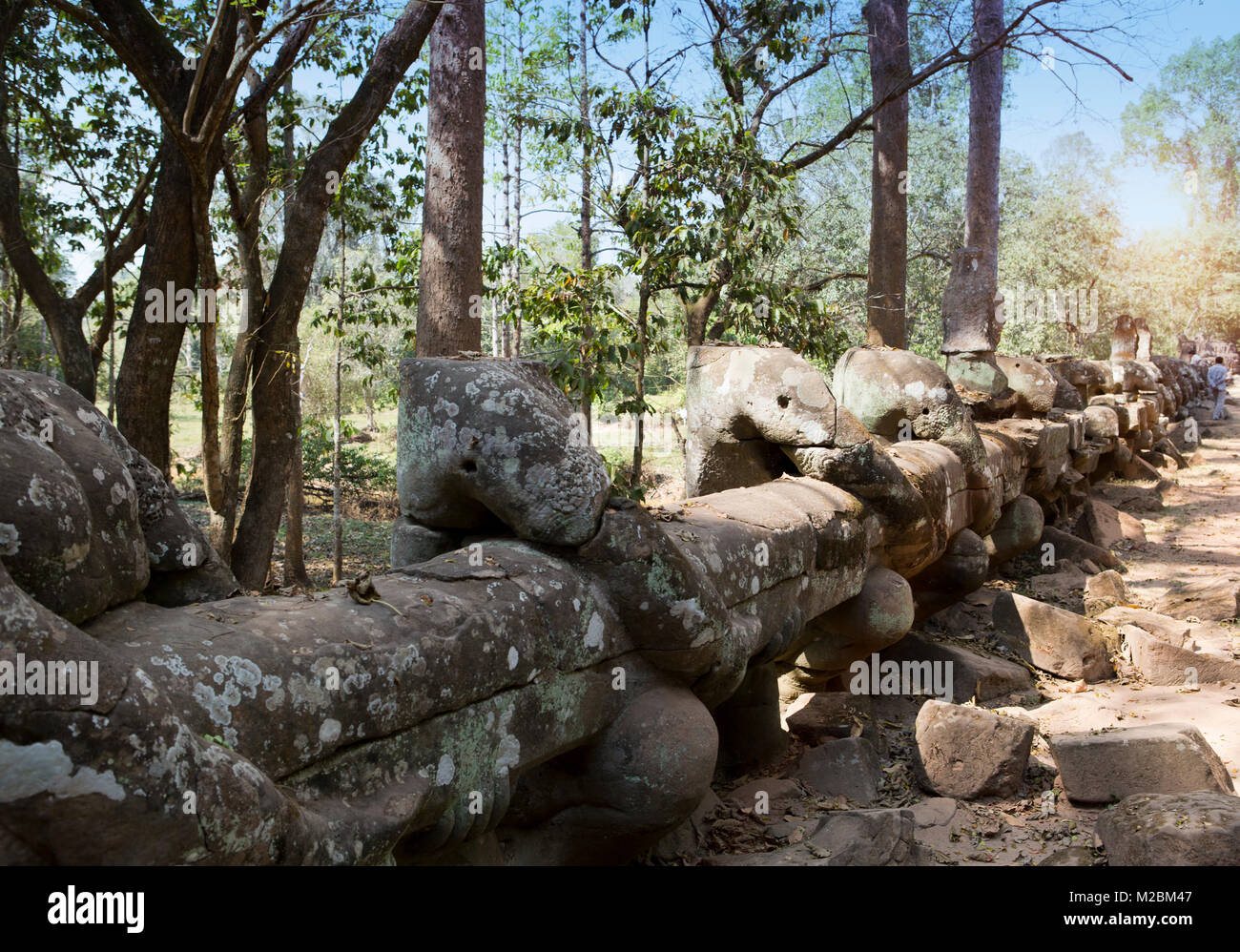 Road to temple, wood and ruins of statues, 12th century, Cambodia Stock ...