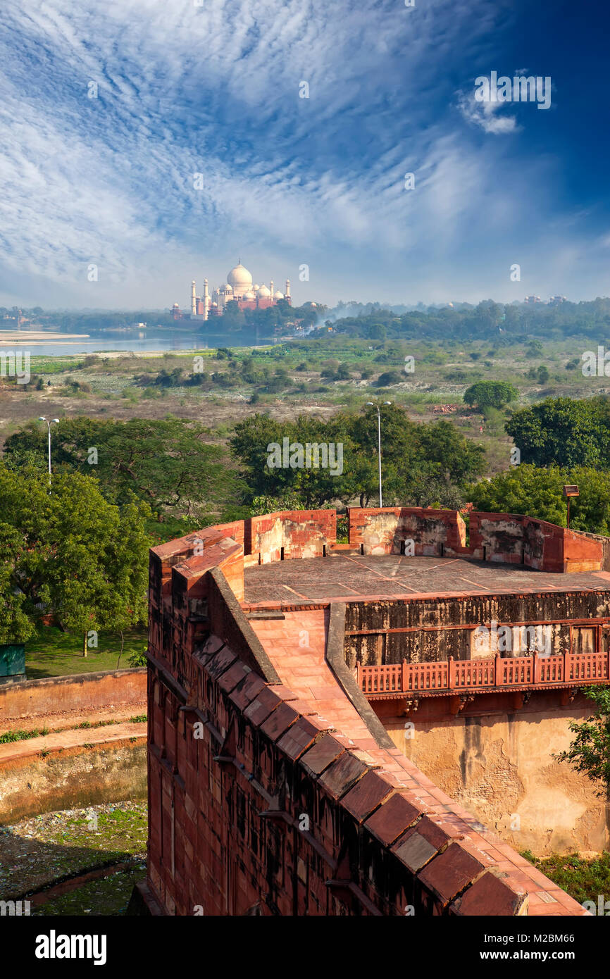 India. Agra. A view of Taj Mahal from a wall of the Red Fort Stock ...