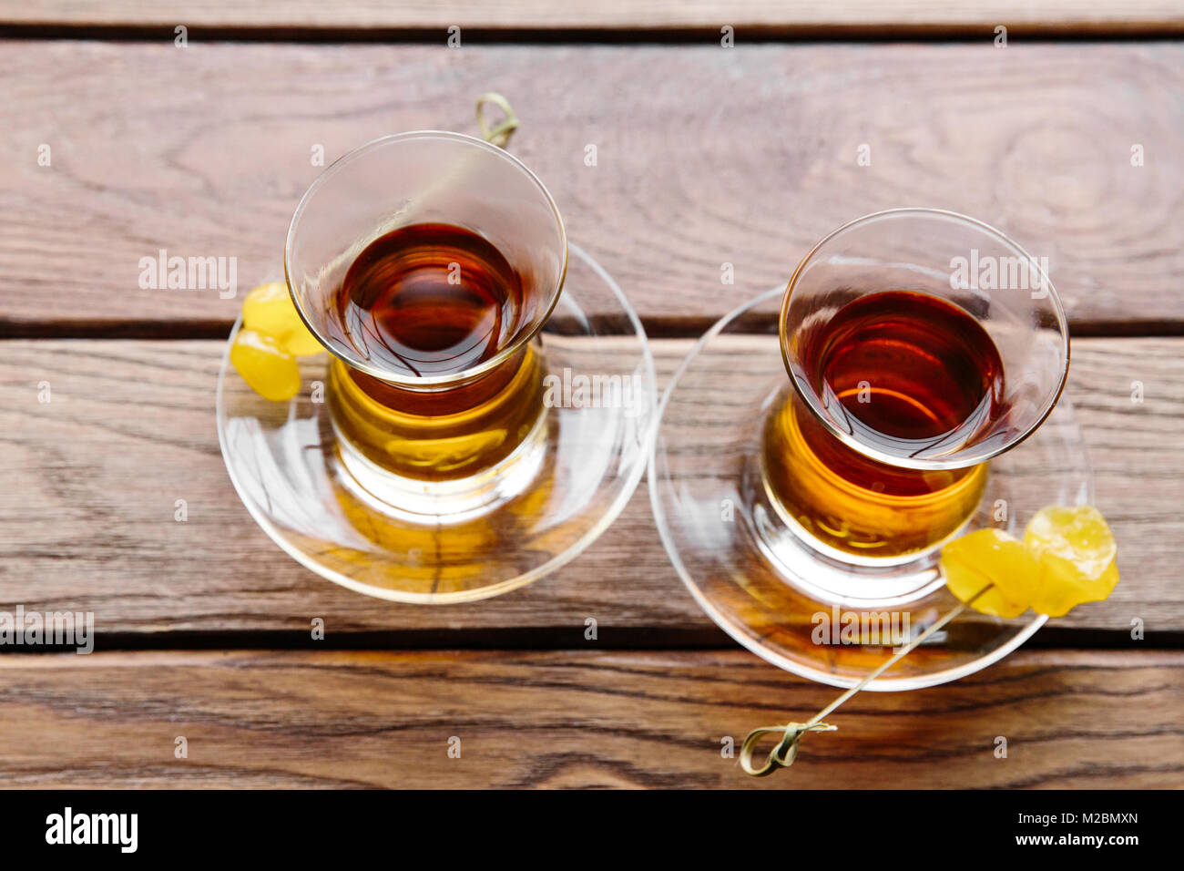 Two cups of traditional Turkish tea on a table in a street cafe in ...