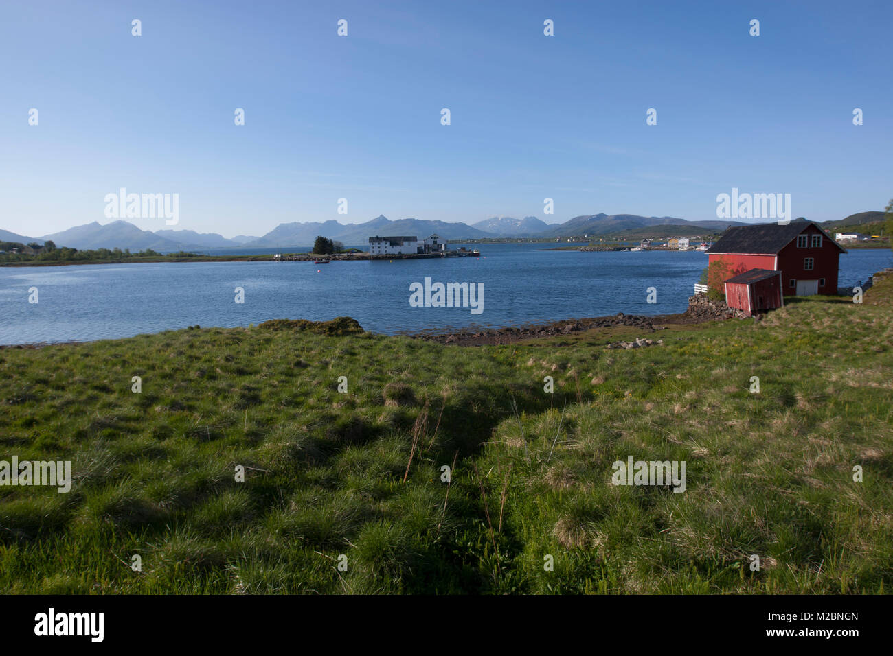 Isolated wooden houses overlooking Raftsundet, a strait in the ...