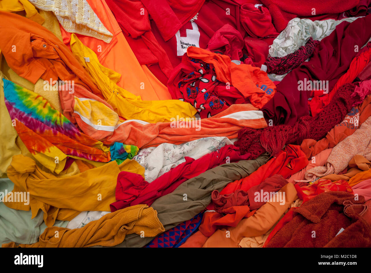A collection of used clothing destined to be recycled in New York at a ...