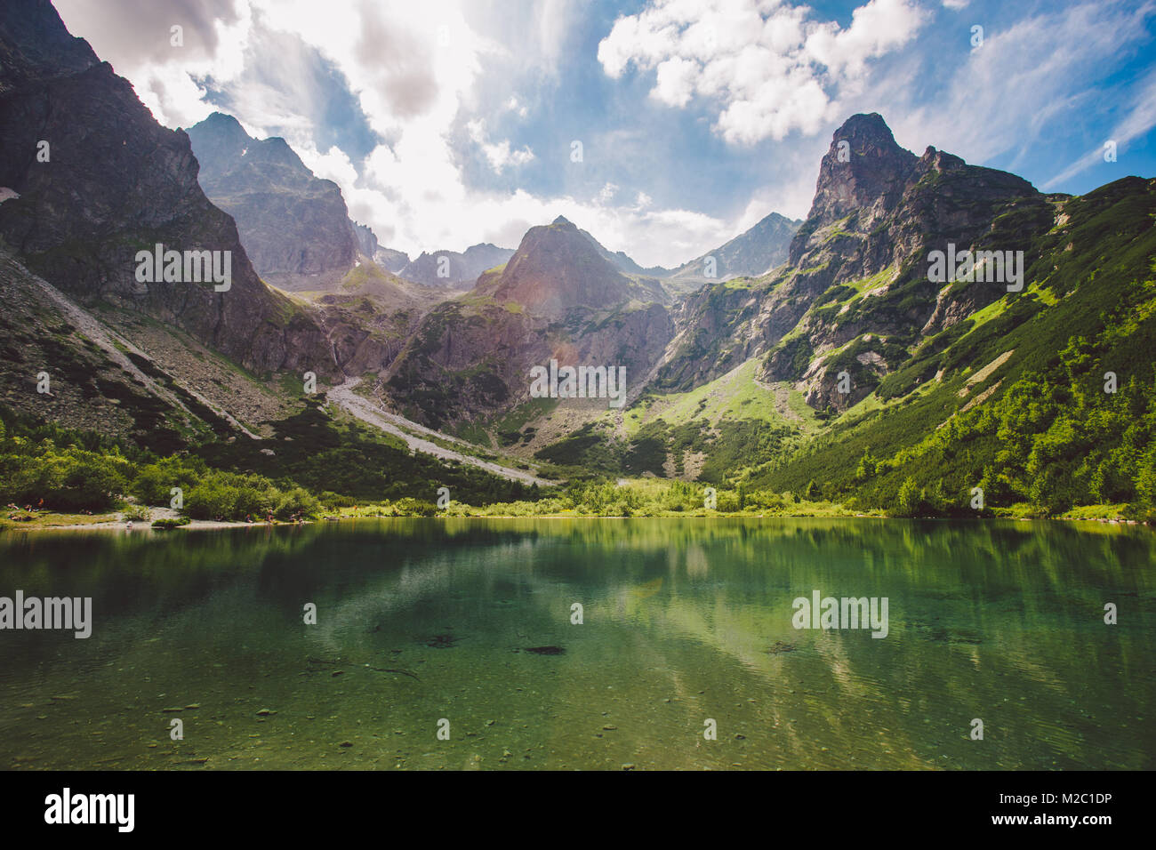 Panoramic view of green water Morskie Oko lake, Tatra Mountains ...