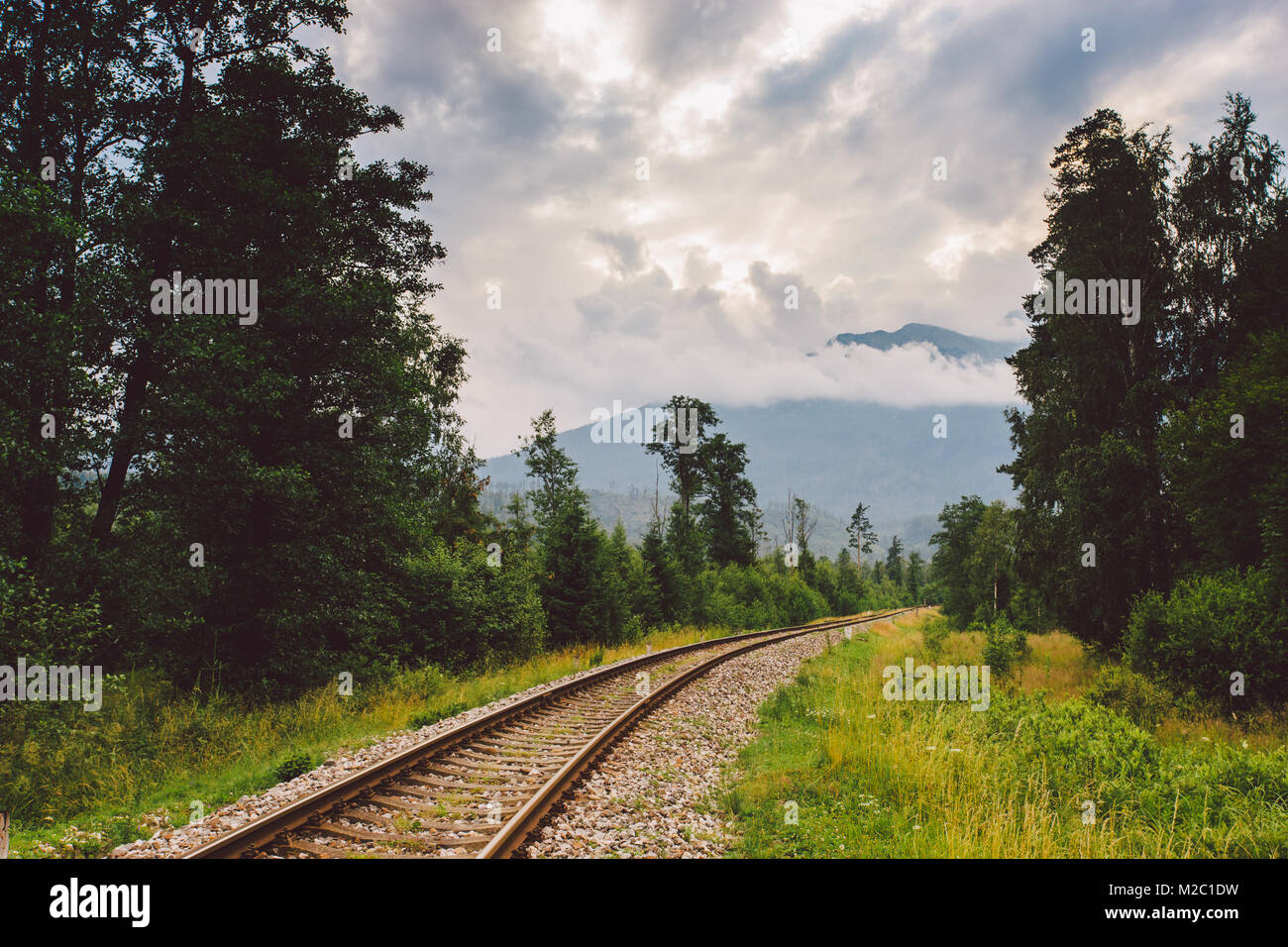 rails, railroad, mountains, Slovakia sunset rails stretching to the ...