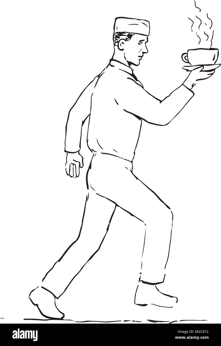 Drawing sketch style illustration of a retro styled waiter running and ...