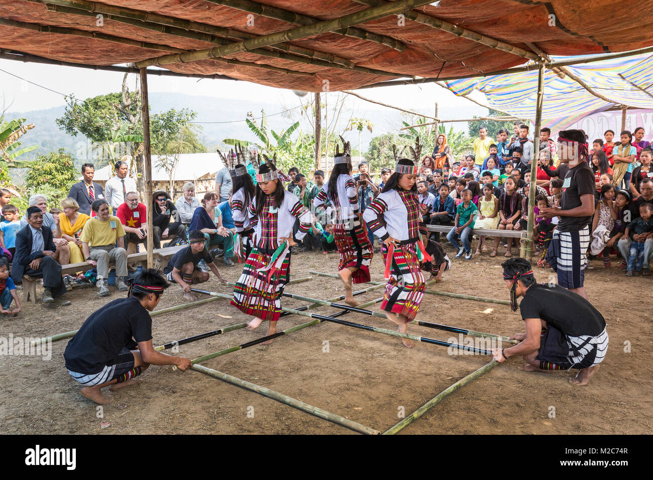 Traditional bamboo dance at Sielkan village, Meghalaya, India Stock ...