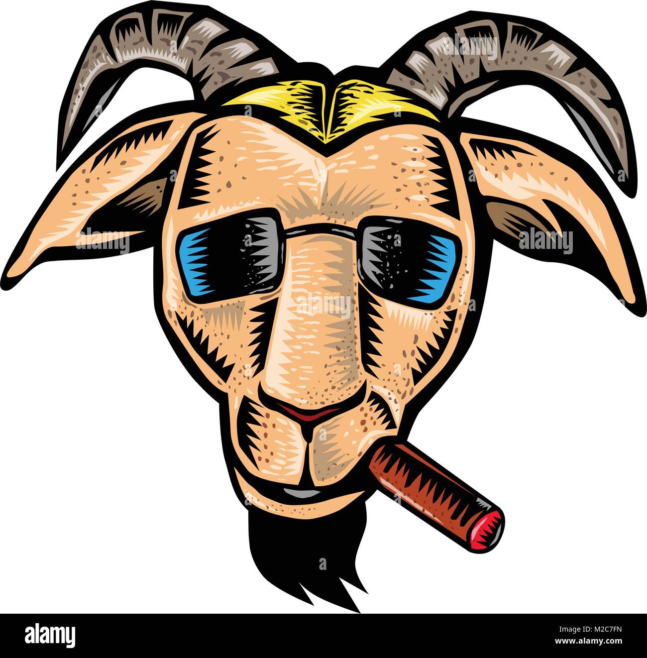 Retro woodcut style illustration of head of a hip hipster goat wearing ...
