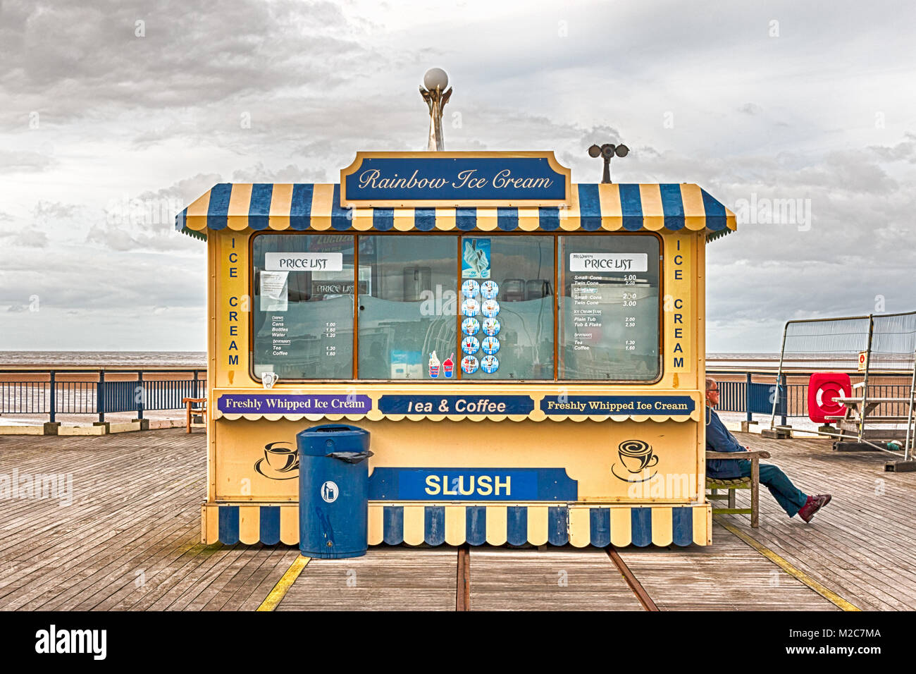 Refreshment shop in Southport pleasure pier. Beautiful cloudy October ...